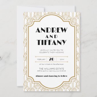 Elegant Art Deco Gatsby 1920s Wedding White Gold Invitation | Zazzle