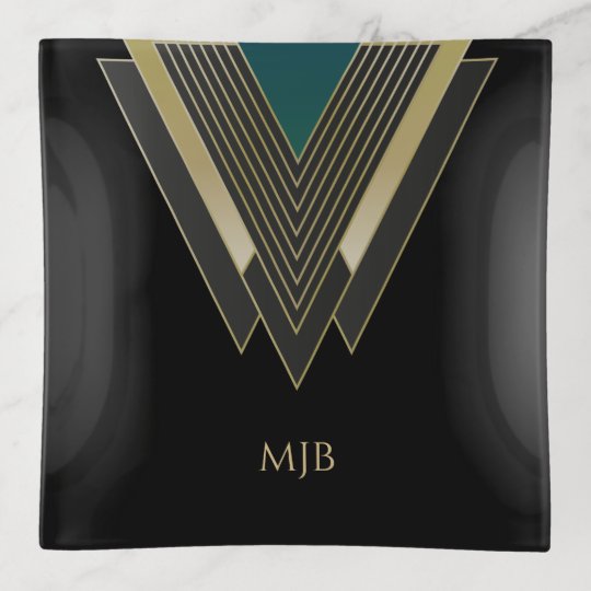 Elegant Art Deco Geometric Pattern with Monogram Trinket Tray | Zazzle.com