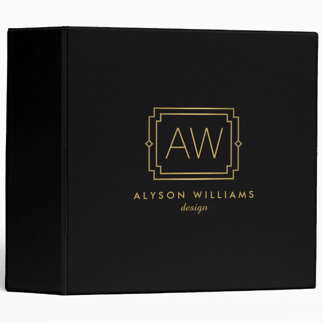 Elegant Art Deco Professional Monogram Black/Gold Binder | Zazzle