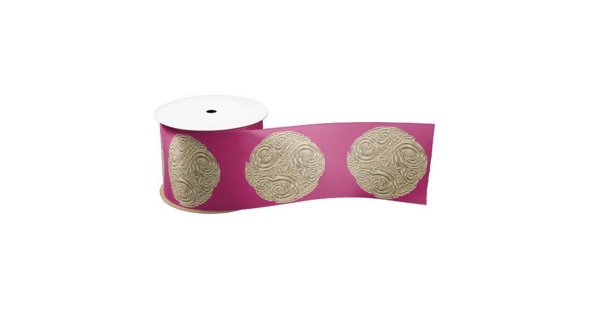 Elegant art nouveau gold fuschia pink medallion satin ribbon | Zazzle