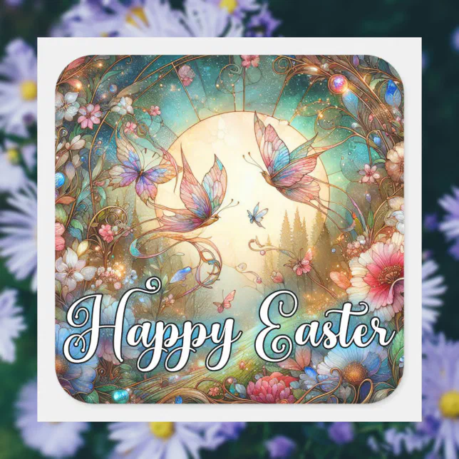 Elegant Art Nouveau Happy Easter Butterflies Square Sticker | Zazzle