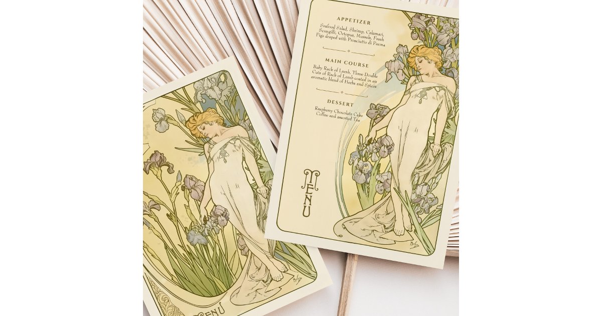 Elegant Art Nouveau Iris Floral Goddess Menu Card | Zazzle