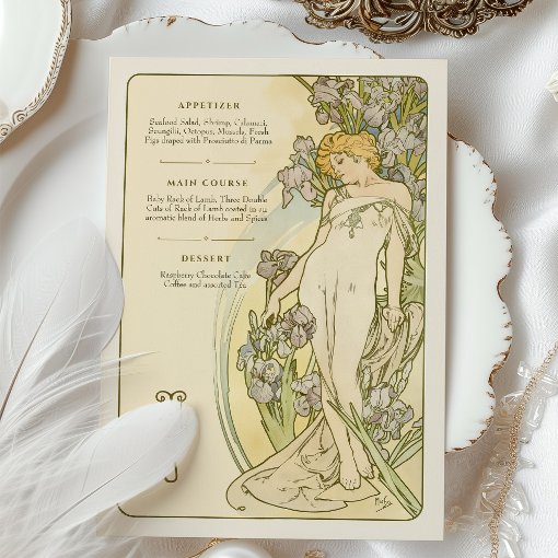 Elegant Art Nouveau Iris Floral Goddess Menu Card | Zazzle
