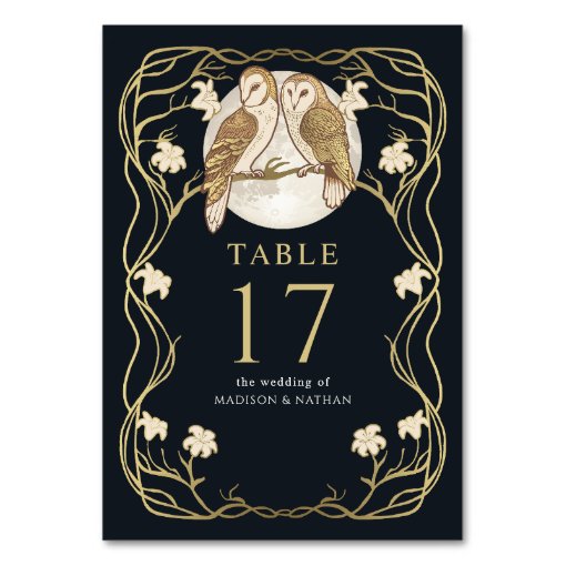 Elegant Art Nouveau Owls Wedding Table Number | Zazzle