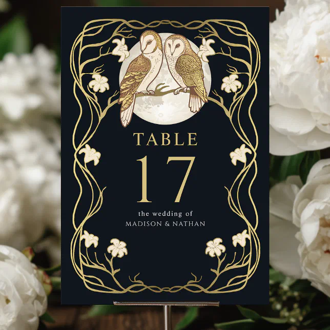 Elegant Art Nouveau Owls Wedding Table Number | Zazzle