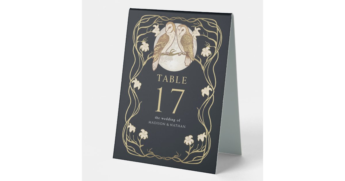 Elegant Art Nouveau Owls Wedding Table Tent | Zazzle