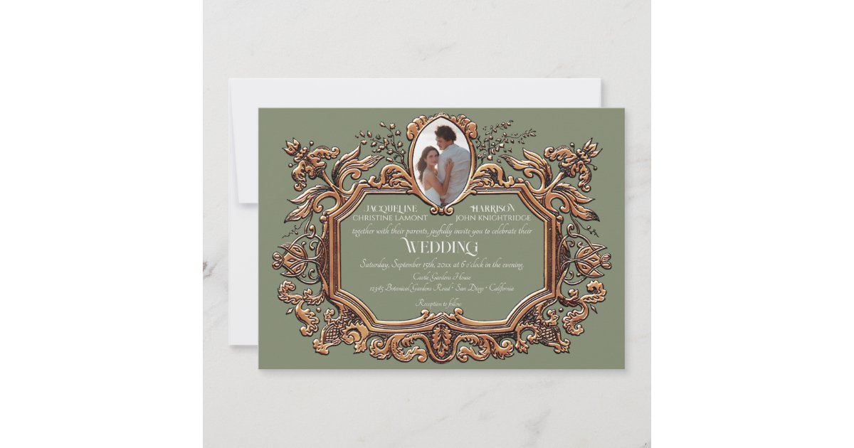 Elegant Art Nouveau Rococo Gold Sage Photo Wedding Invitation | Zazzle