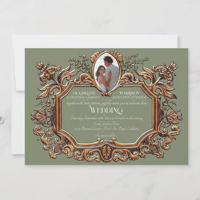 Elegant Art Nouveau Rococo Gold Sage Photo Wedding Invitation | Zazzle