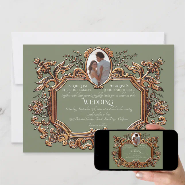 Elegant Art Nouveau Rococo Gold Sage Photo Wedding Invitation | Zazzle