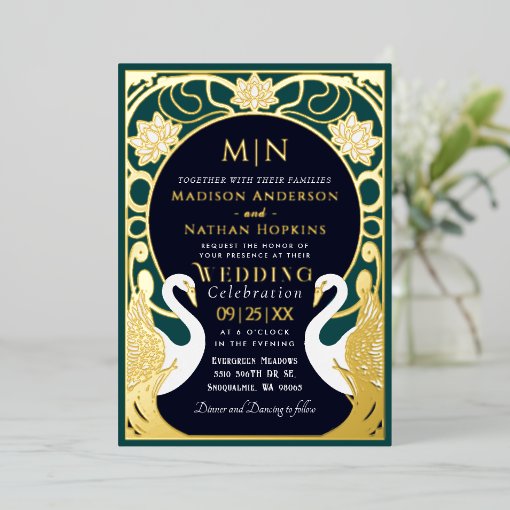 Elegant Art Nouveau Swans Wedding Invitation Foil Invitation | Zazzle