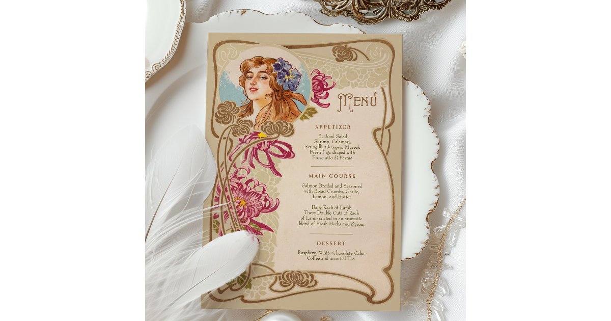 Elegant Art Nouveau Wedding Dinner Menu Floral Invitation | Zazzle