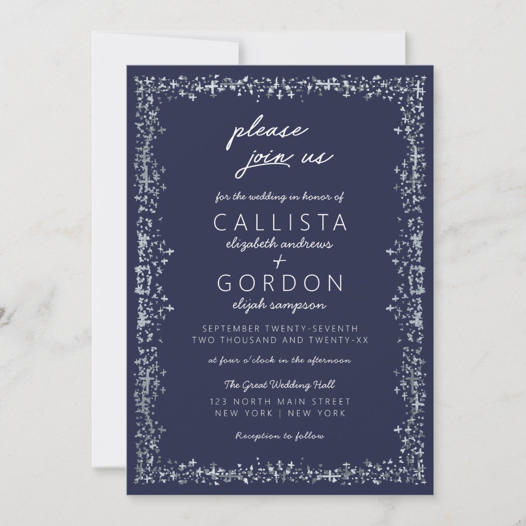 Elegant Artsy Navy Blue Silver Border Wedding Invitation | Zazzle