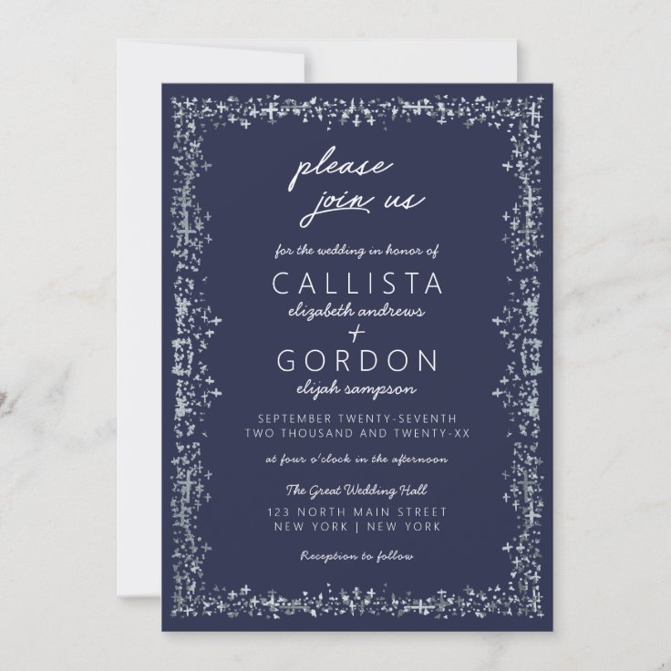 Elegant Artsy Navy Blue Silver Border Wedding Invitation | Zazzle