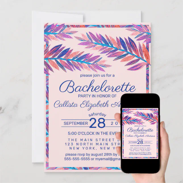 Elegant Artsy Tropical Leaves Acrylic Bachelorette Invitation | Zazzle