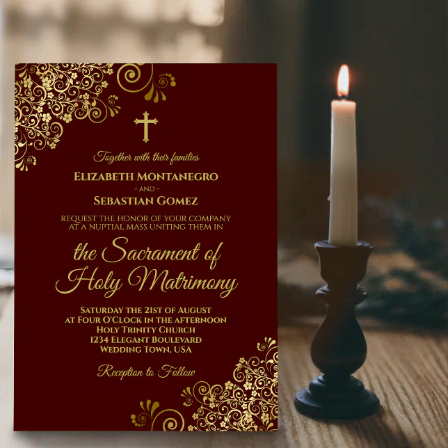 Elegant Auburn & Gold Modern Catholic Wedding Invitation | Zazzle