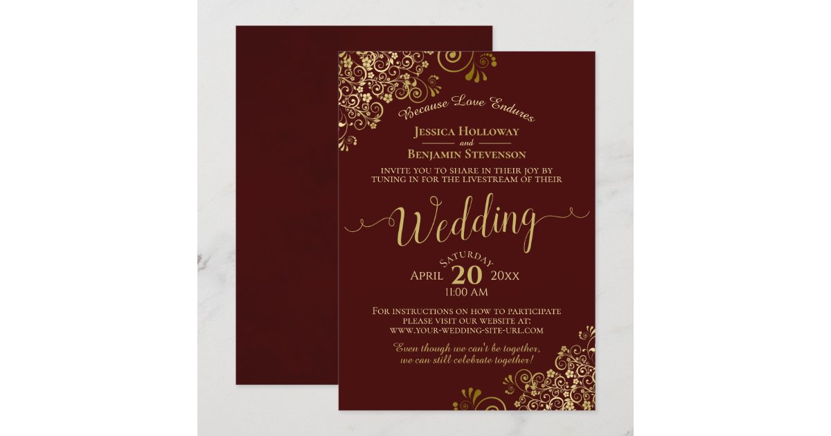 Elegant Auburn & Gold Virtual Wedding Livestream Invitation | Zazzle