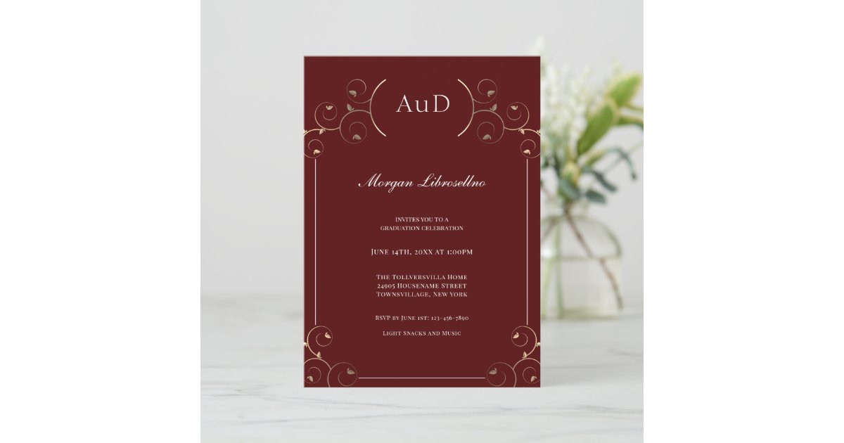 Elegant AuD Gold Burgundy Graduation Invitation | Zazzle