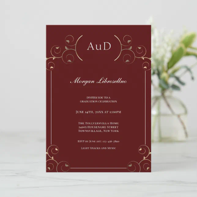 Elegant AuD Gold Burgundy Graduation Invitation | Zazzle