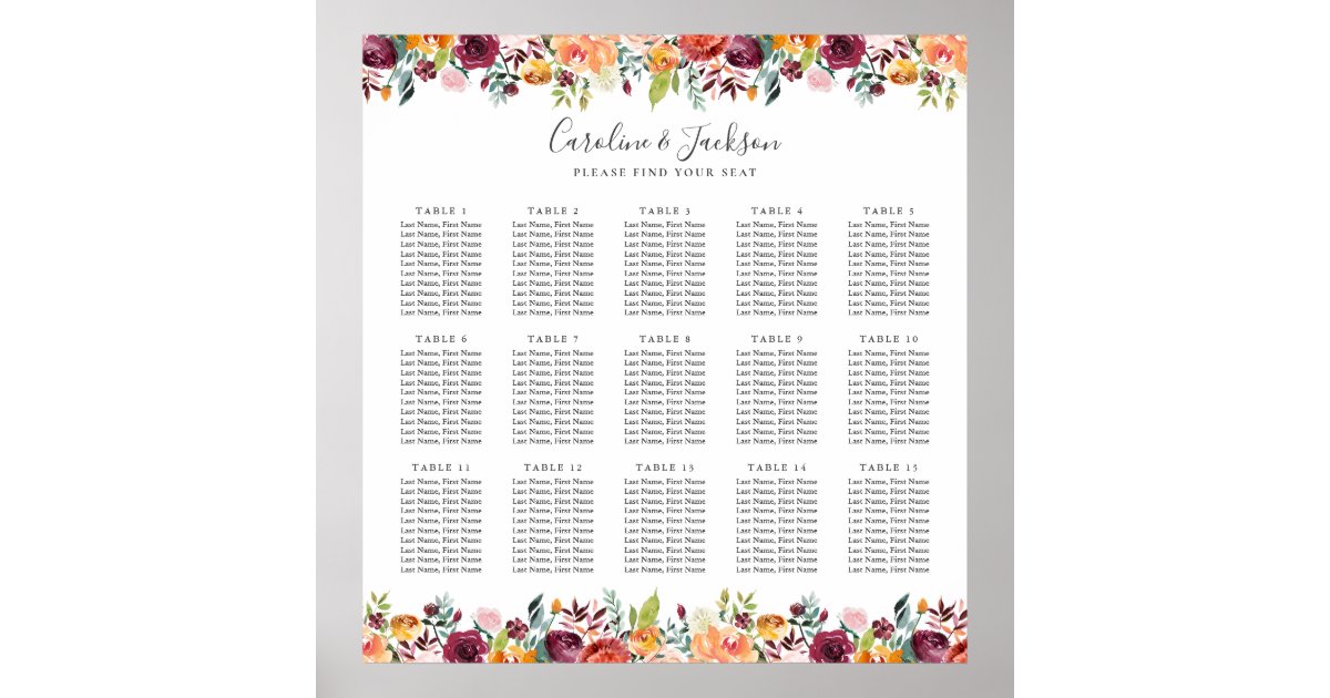 Elegant Autumn 15-Table Wedding Seating Chart | Zazzle