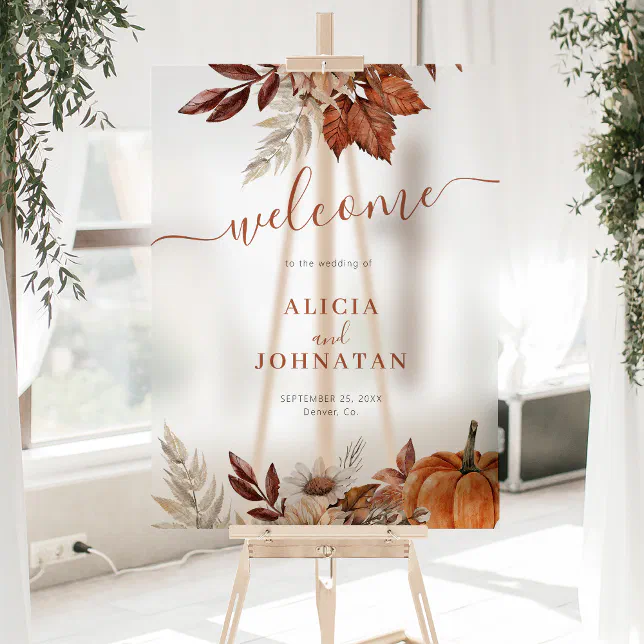 Elegant autumn fall leaves wedding welcome sign | Zazzle