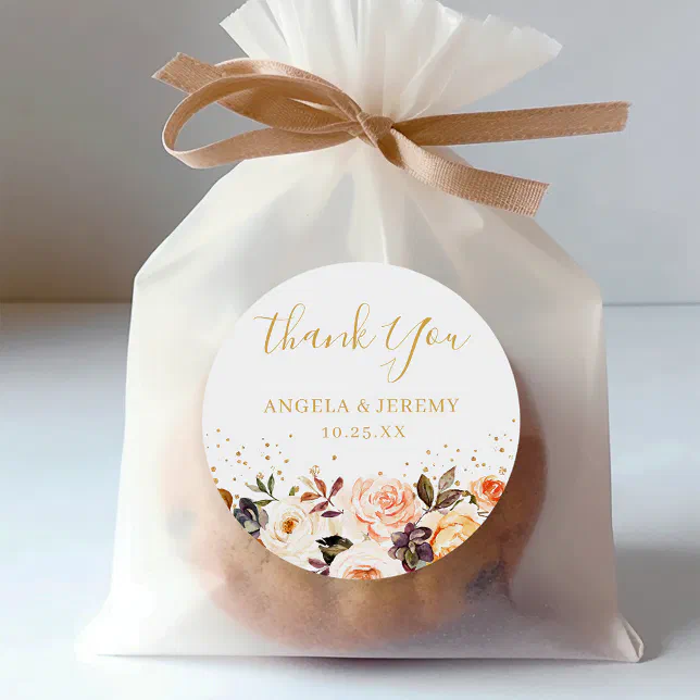 Elegant Autumn Floral Gold Thank You Favor Classic Round Sticker | Zazzle