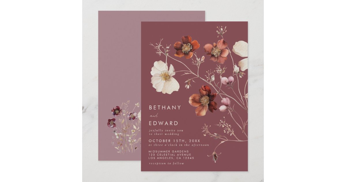 Elegant Autumn Floral Mauve Wedding Invitation | Zazzle