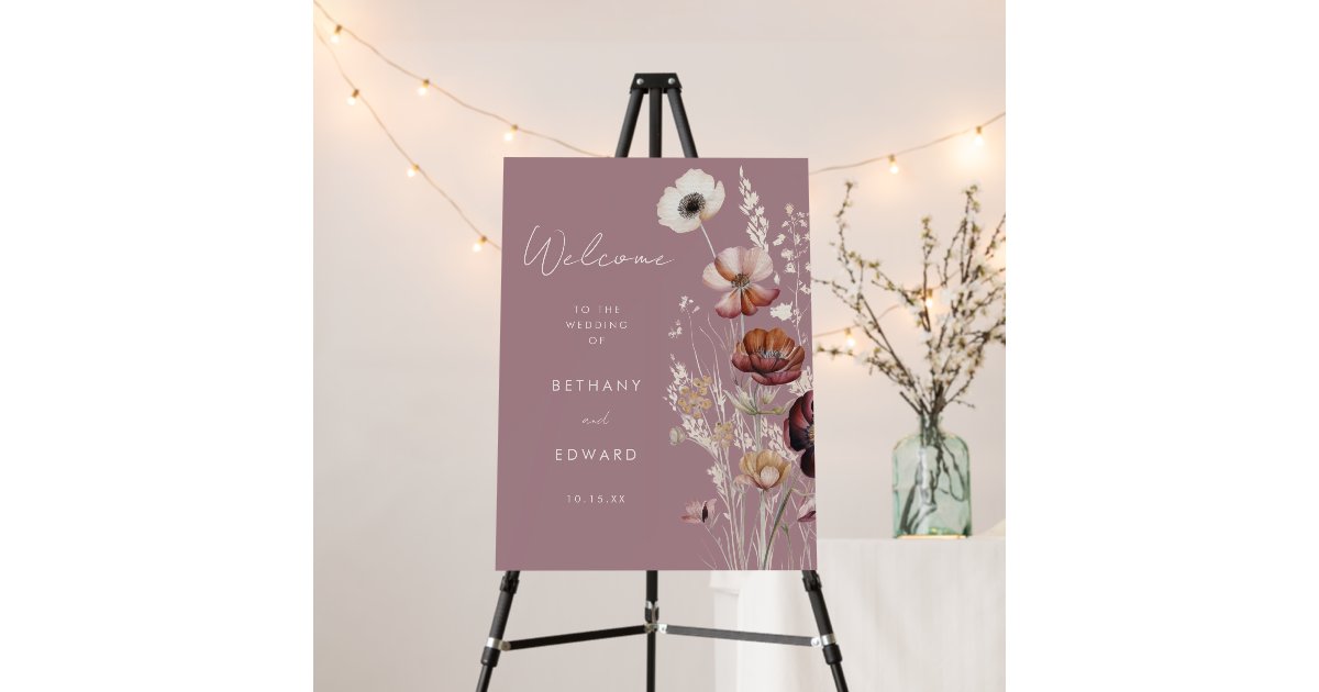 Elegant Autumn Floral Mauve Wedding Welcome Sign | Zazzle