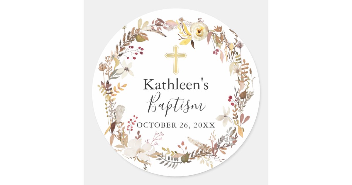 Elegant Autumn Floral Wreath Fall Baptism Classic Round Sticker | Zazzle