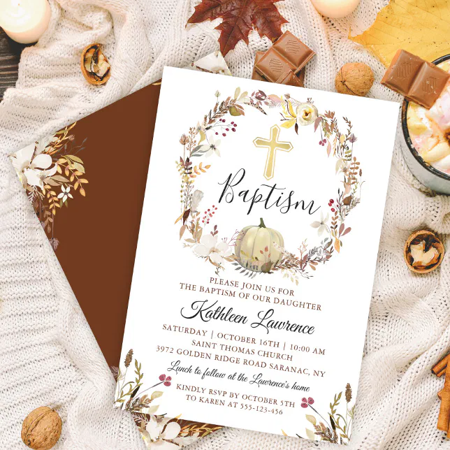 Elegant Autumn Floral Wreath Pumpkin Fall Baptism Invitation | Zazzle