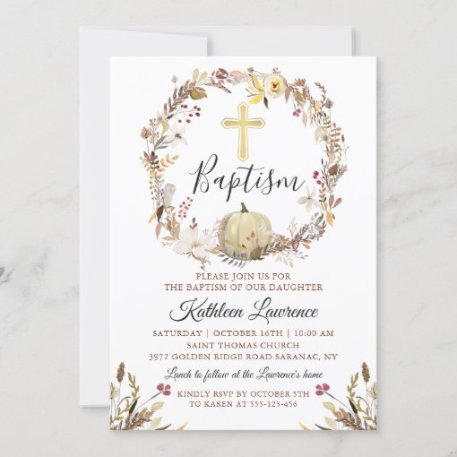 Elegant Autumn Floral Wreath Pumpkin Fall Baptism Invitation | Zazzle