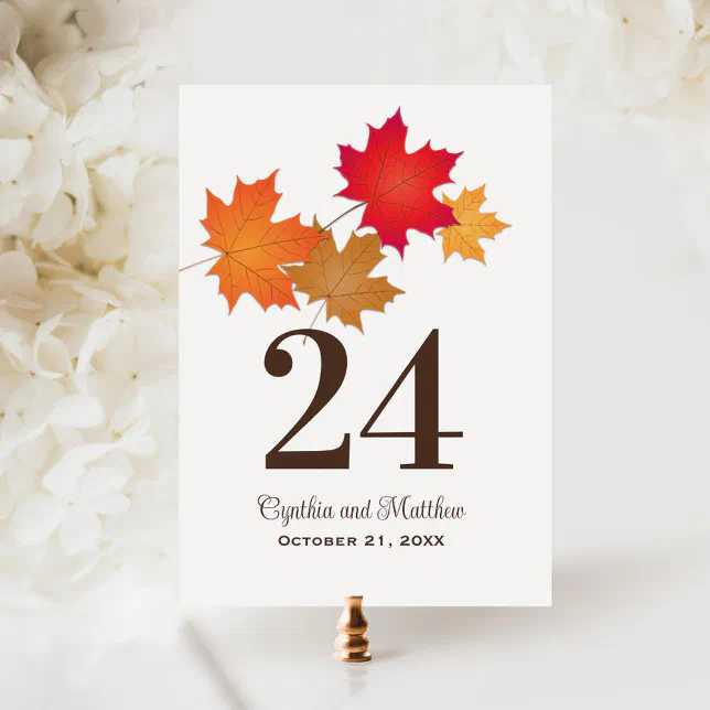 Elegant Autumn Leaves Fall Wedding Table Number | Zazzle