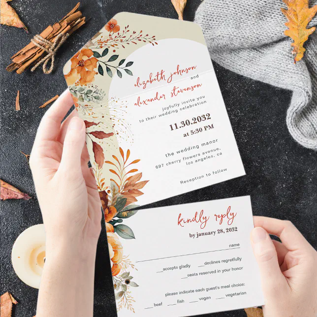 Elegant Autumnal Floral wedding All In One Invitation | Zazzle