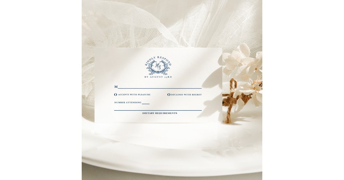 Elegant Azure Blue Monogram Crest Wedding RSVP Card | Zazzle