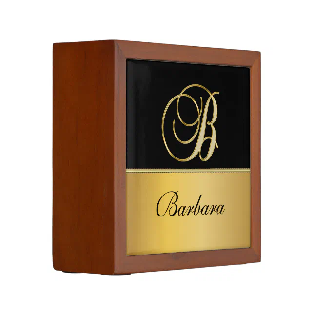 Elegant "B" Monogram Personalized Name Black Gold Desk Organizer | Zazzle