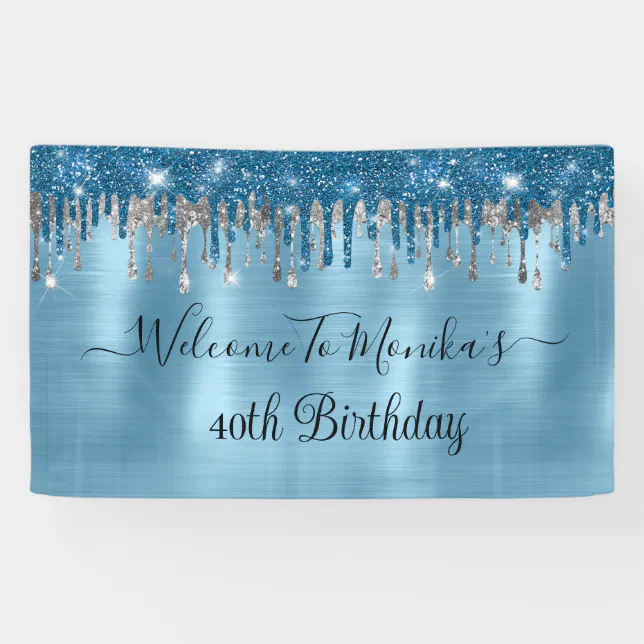 Elegant Baby Blue Sparkle Glitter Drips Birthday Banner | Zazzle