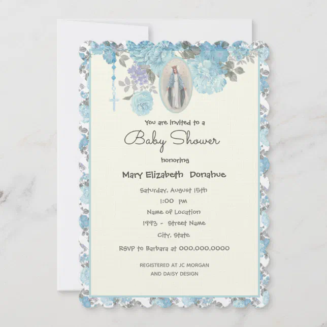 Elegant Baby Shower Blue Floral Religious Invitation | Zazzle