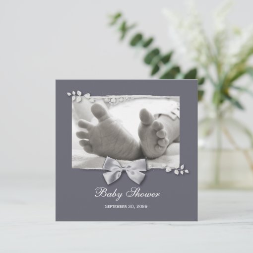 Elegant Baby Shower New Baby Feet With Silver Bow Invitation | Zazzle