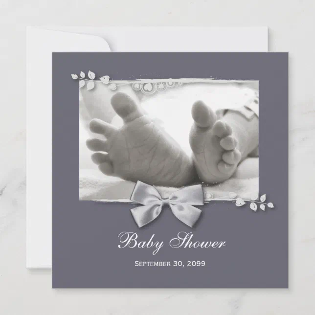 Elegant Baby Shower New Baby Feet With Silver Bow Invitation | Zazzle