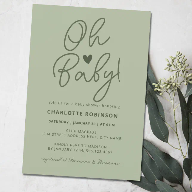 Elegant Baby Shower Script Modern Sage Green Invitation | Zazzle