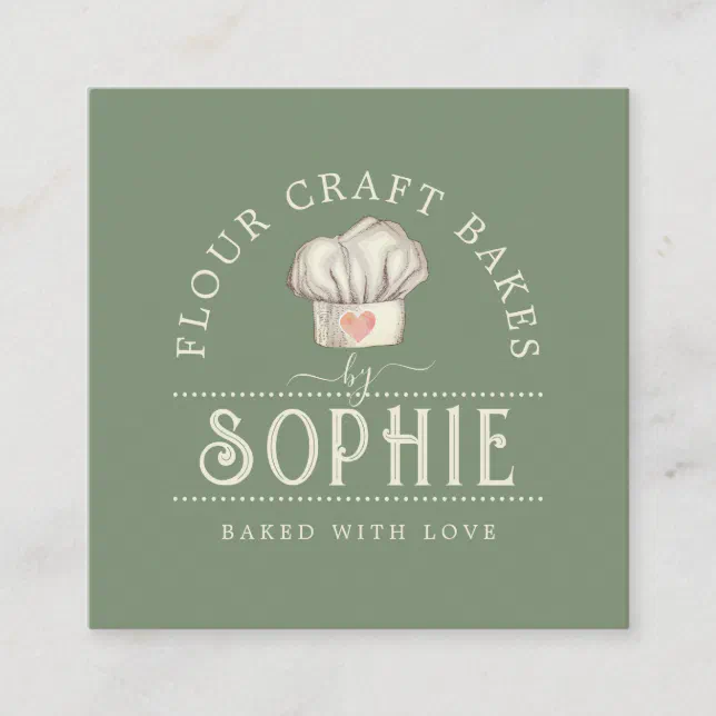 Elegant Baker's Pastry Chef Logo Cream Sage Green Square Business Card ...