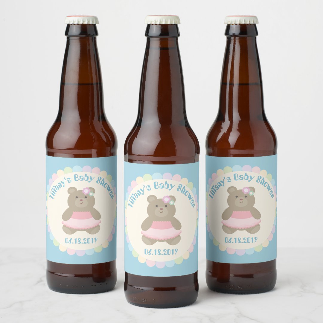 Elegant Ballerina Bear Cub Floral Girl Baby Shower Beer Bottle Label ...