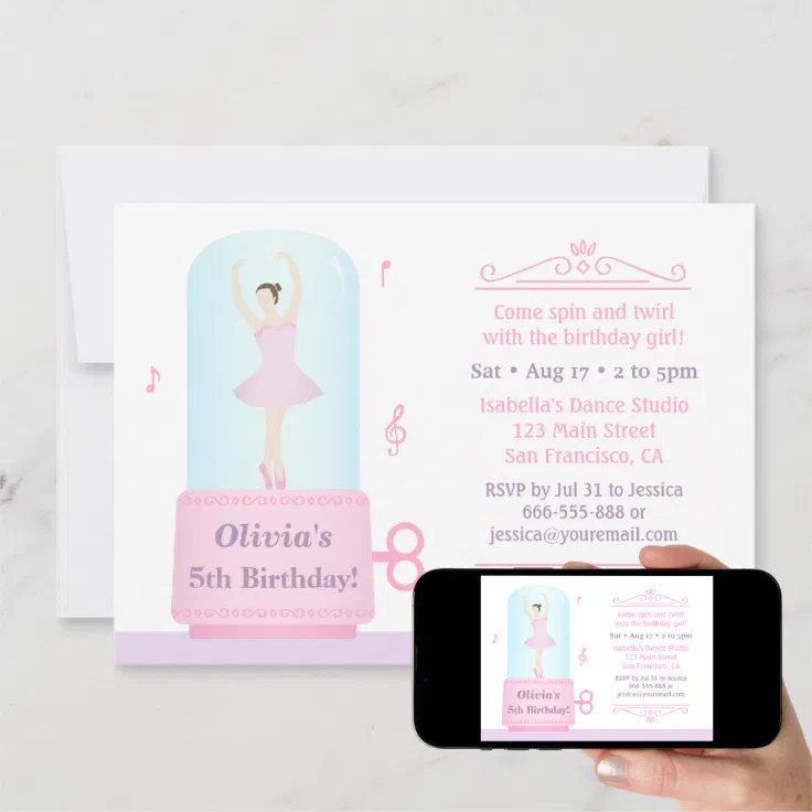 Elegant Ballerina Music Box Girl Birthday Party Invitation | Zazzle