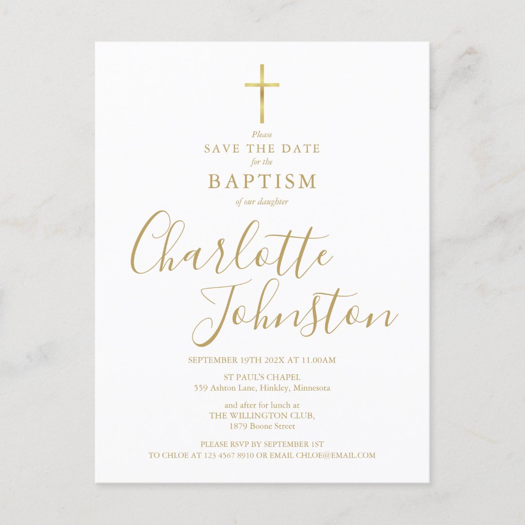 Elegant Baptism Christening Gold Signature Script Announcement Postcard ...