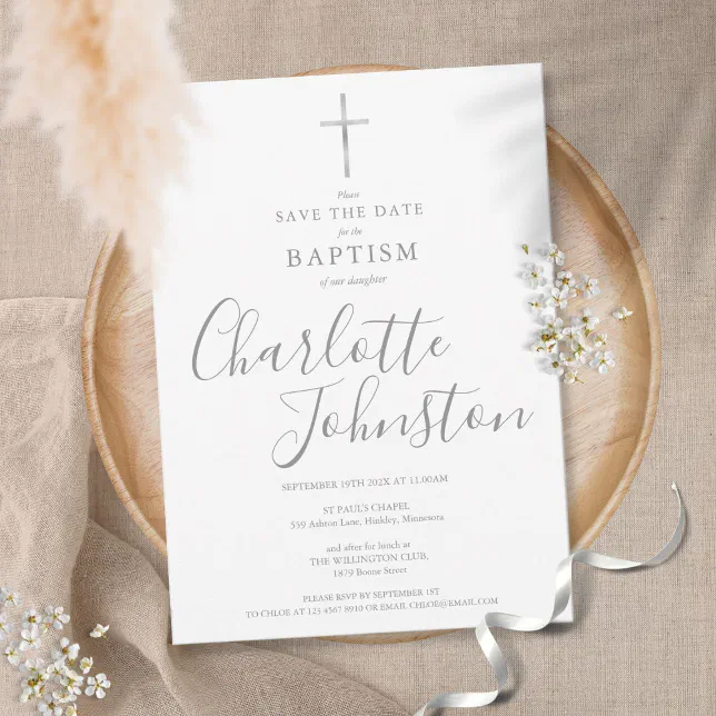 Elegant Baptism Christening Silver Signature Save The Date | Zazzle