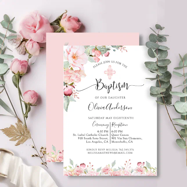 Elegant Baptism Pink and Mint Floral Invitation | Zazzle