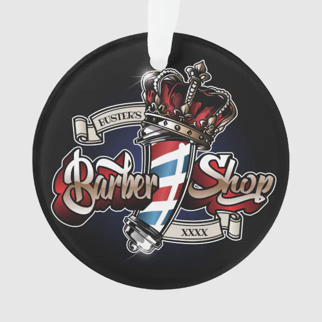 Elegant Barber Pole and Crown Logo Personalize Ornament | Zazzle