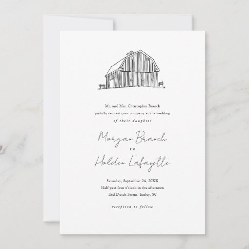 Elegant Barn Black and White Rustic Wedding Invitation | Zazzle