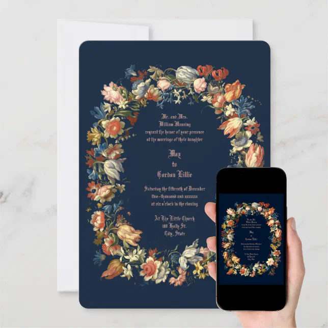 Elegant Baroque Rococo Floral Wreath Wedding Invitation | Zazzle