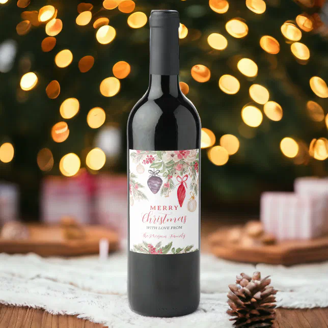 Elegant bauble pine floral watercolor Christmas Wine Label | Zazzle