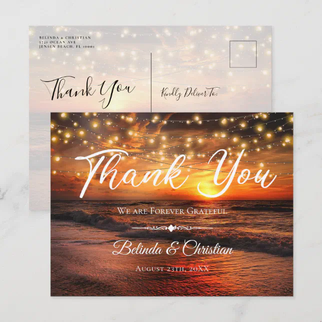 Elegant Beach String Lights Summer Thank You Postcard | Zazzle